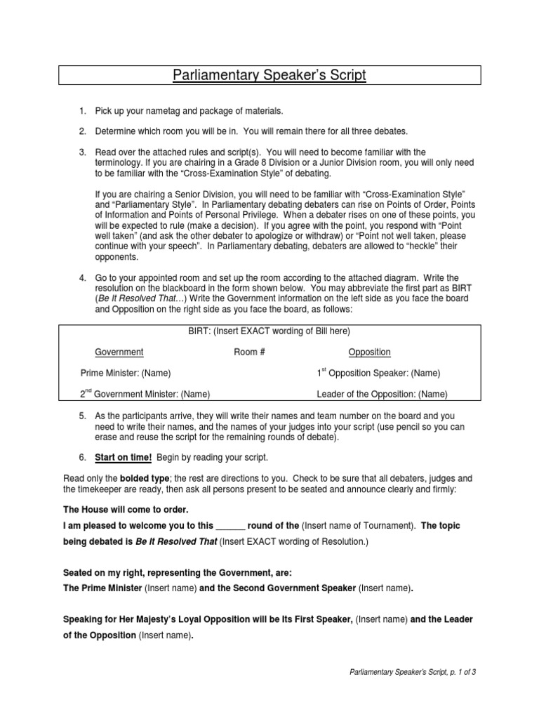 Parliamentary Speaker's Script, P. 1 of 3 | PDF | Public Speaking ...