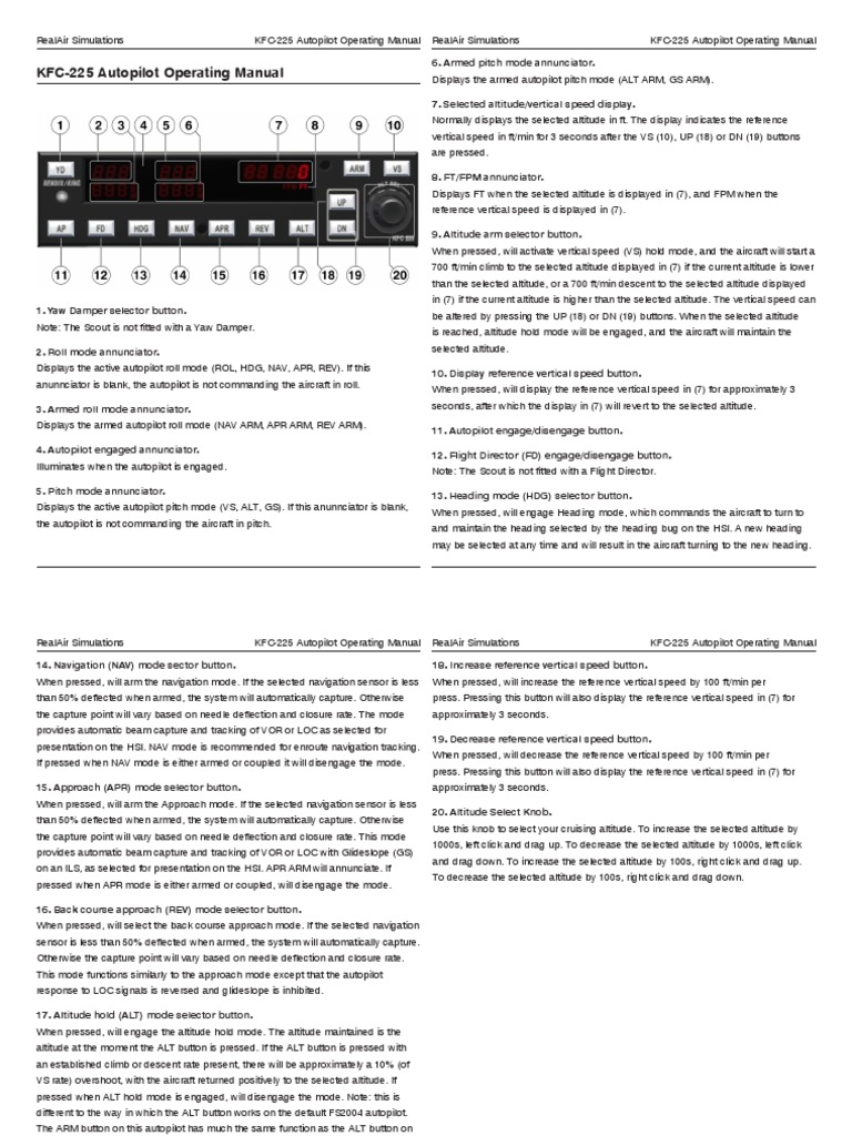KFC-225 Autopilot Operating Manual | PDF | Aerospace | Aeronautics
