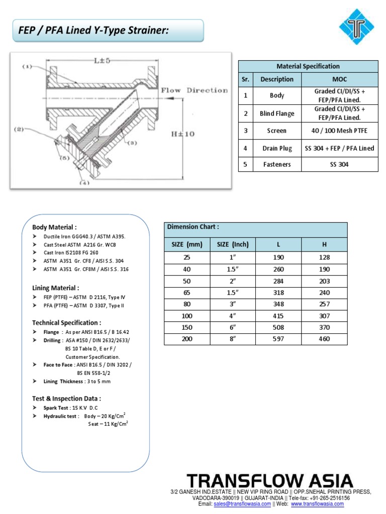 PFA Lined Y-Type Strainer Specs | PDF