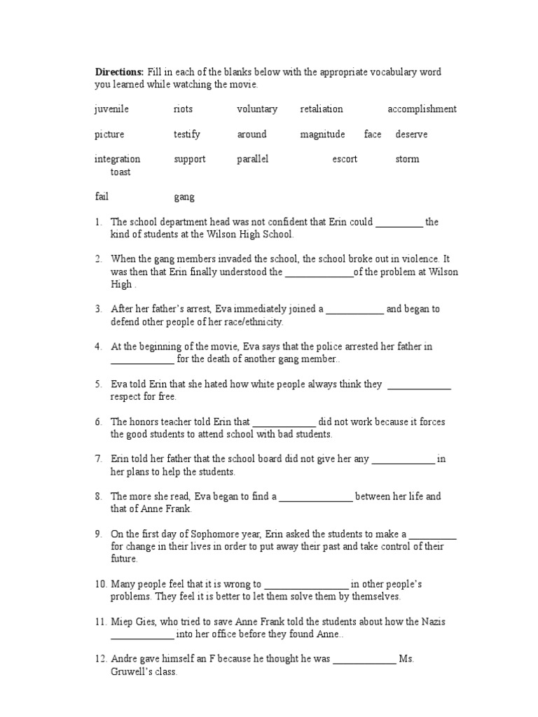 Freedom Writers Vocabulary Worksheet | PDF | Teaching And Learning ...