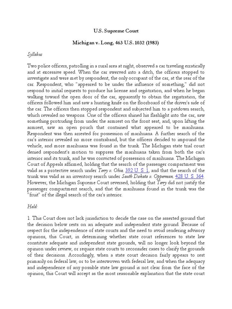 Michigan Vs Long | Download Free PDF | Search And Seizure | Social ...