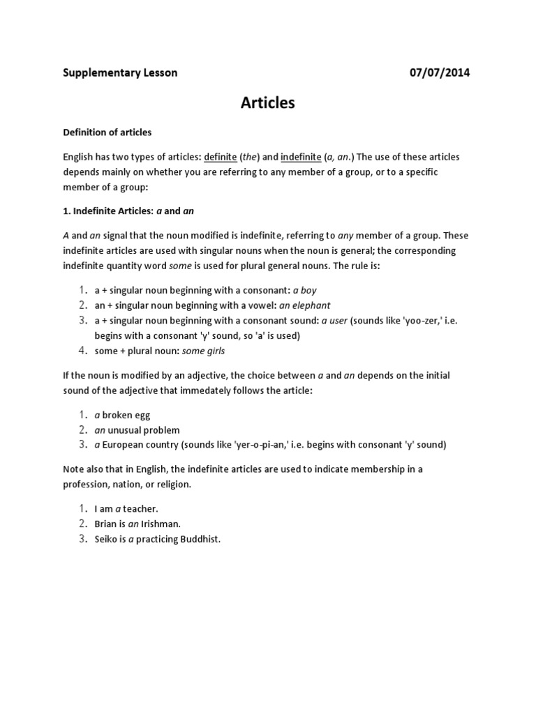 Articles Notes | PDF | Noun | Grammatical Number
