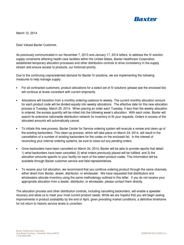 Baxter IV Solutions Allocation Update | PDF | Inventory | Wellness