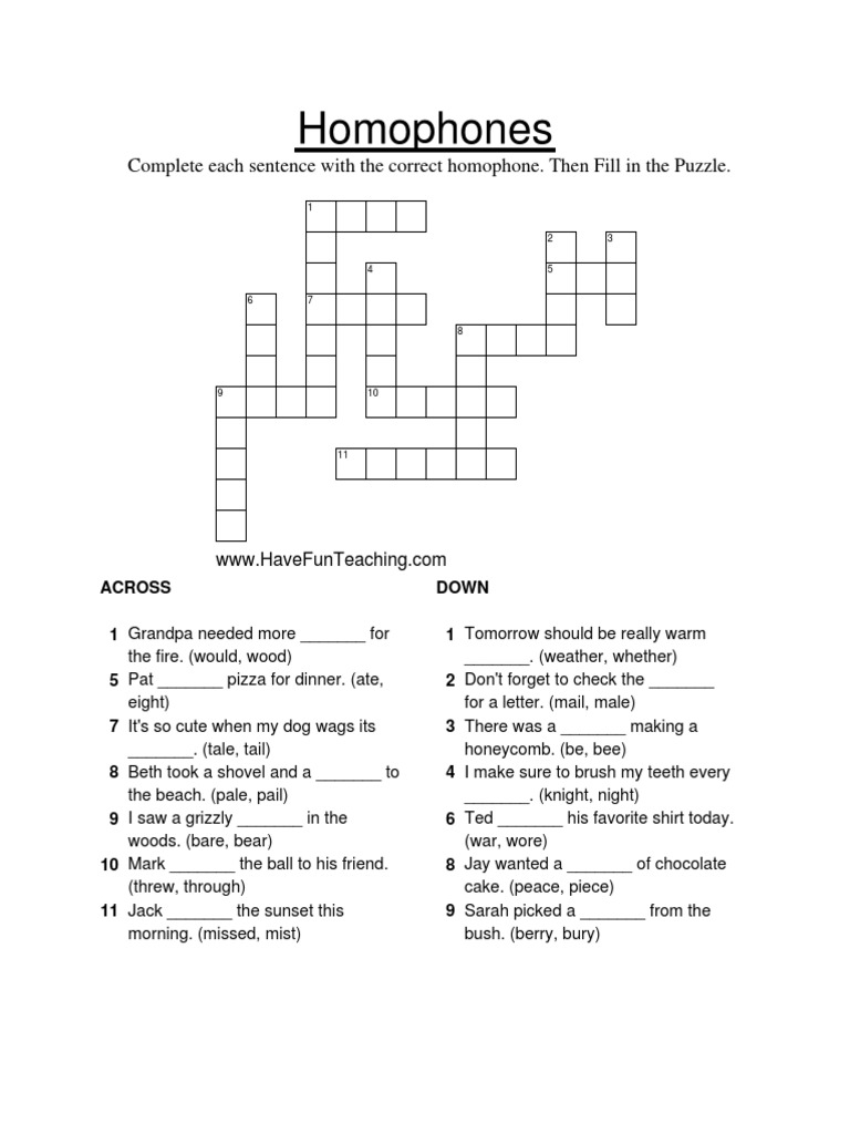 Homophones Crossword Puzzle | PDF | Puzzles | Leisure
