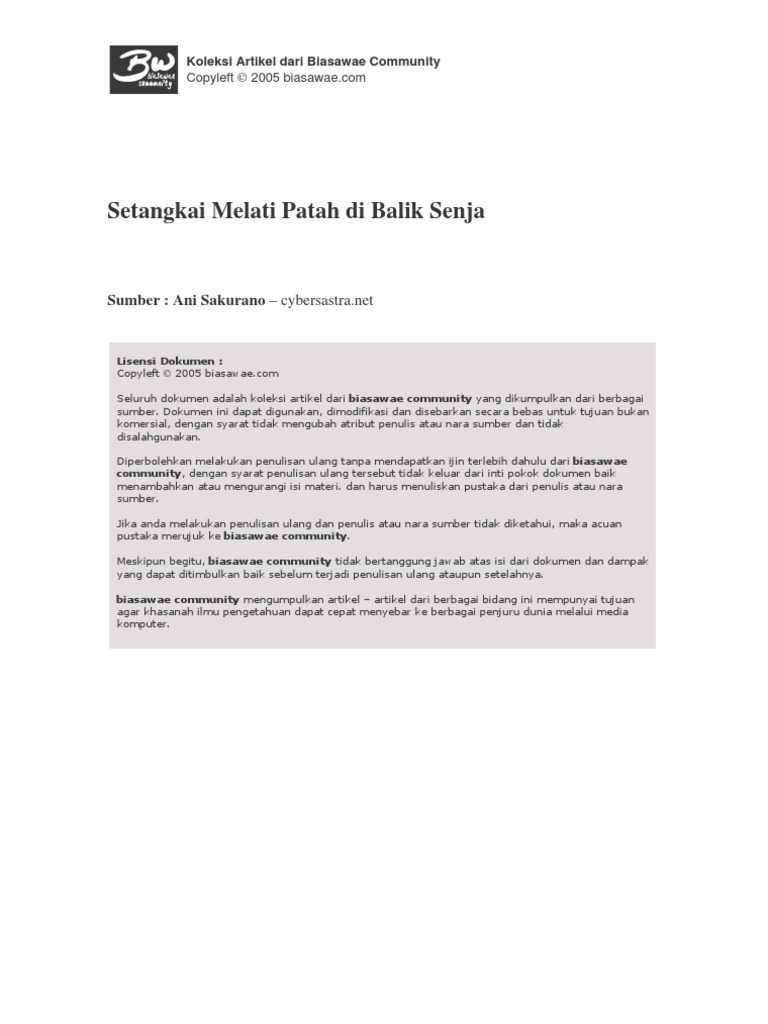 Setangkai Melati Patah Di Balik Senja - Ani Sakurano | PDF