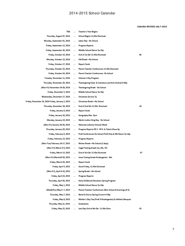 2014-15 School Calendar Rev 7-7-2014 | PDF