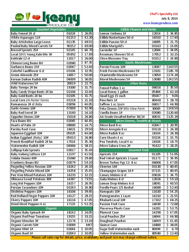 Chef Specialty List July 8 | PDF | Bell Pepper | Bean