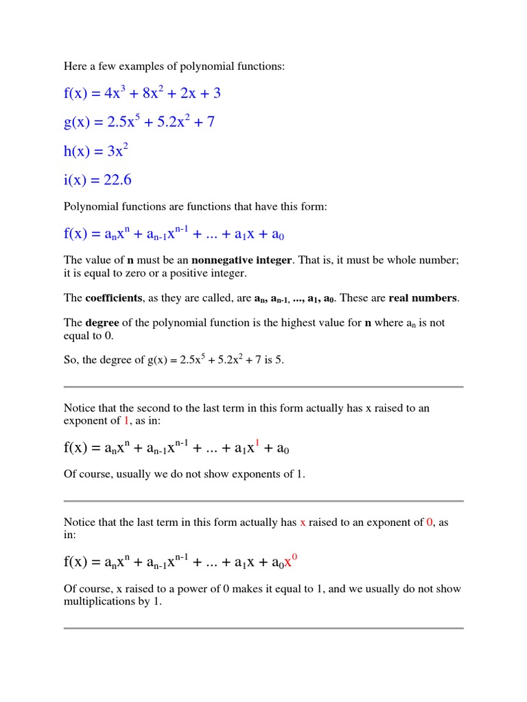 Here A Few Examples of Polynomial Functions | PDF | Factorization | Polynomial