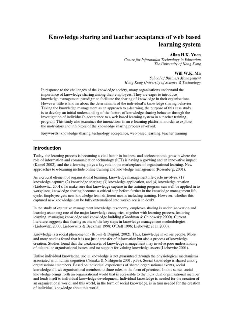 Knowledge Sharing and Teacher Acceptance of Web Based Learning System | PDF | Educational ...