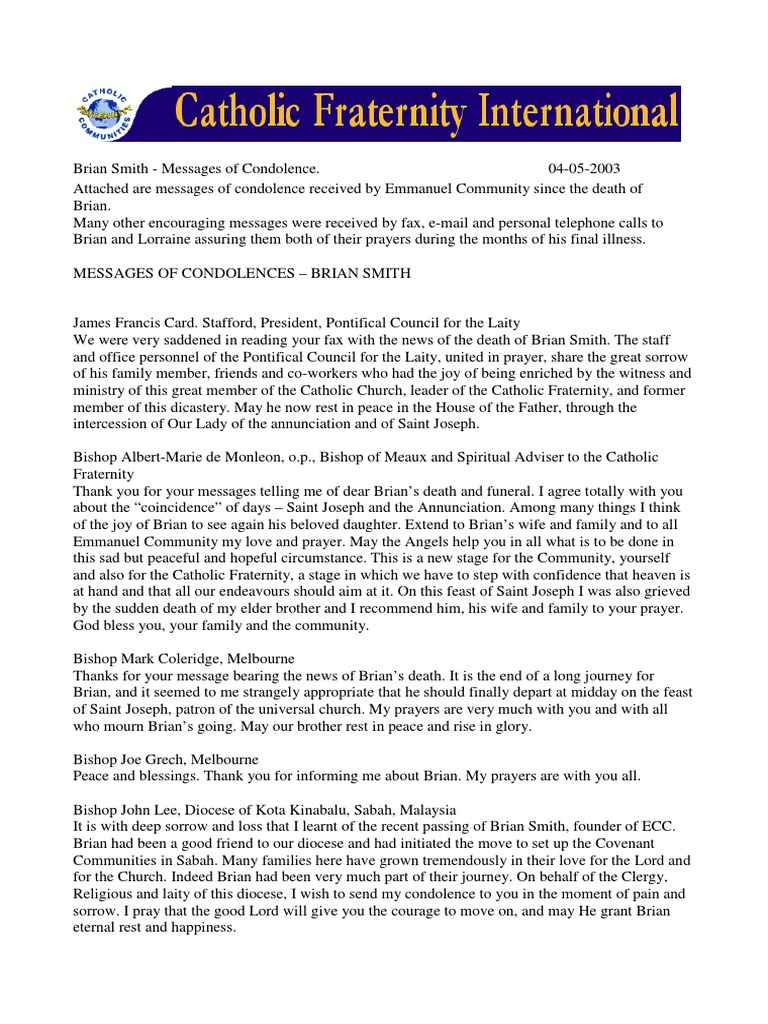 Messages of condolence | Prayer | Catholic Church