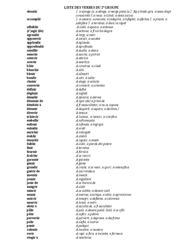 LISTE DES VERBES DU 2e GROUPE Participiul Trecut Al Verbelor de Grupa A ...