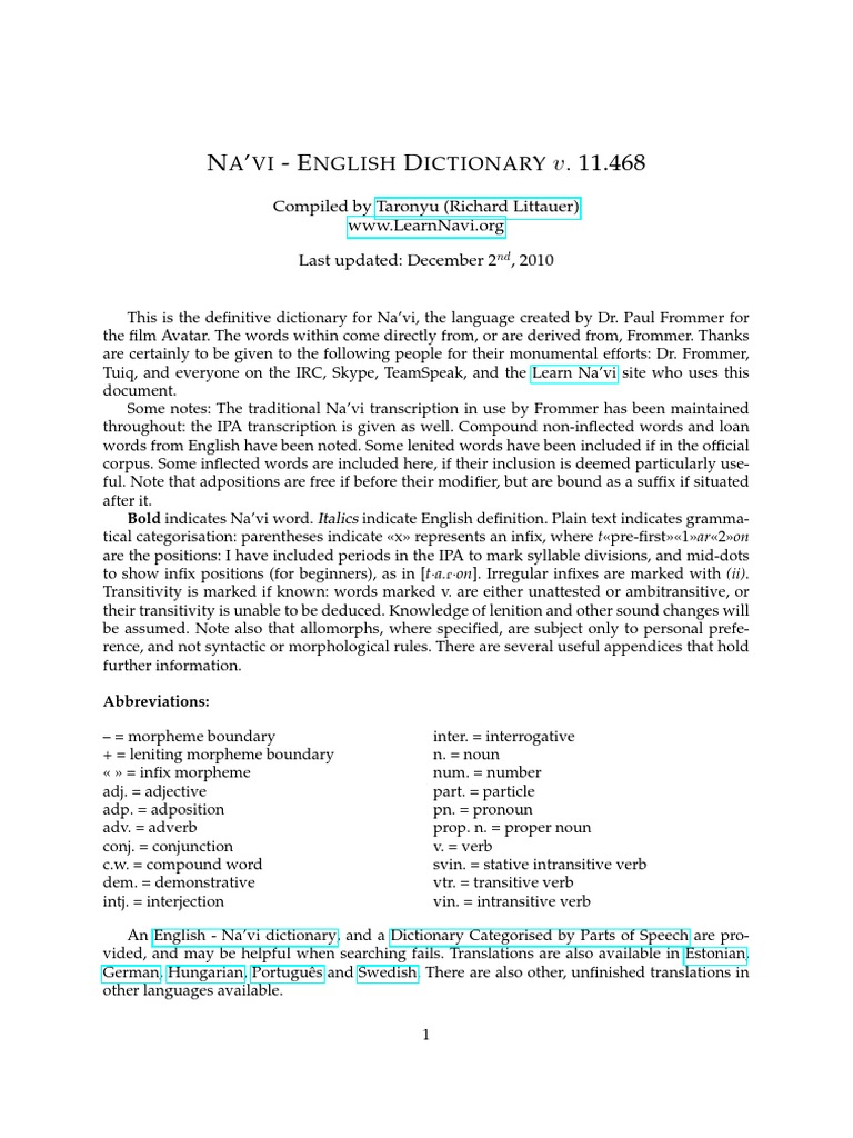 Na'vi Dictionary | PDF | Part Of Speech | Lexicology