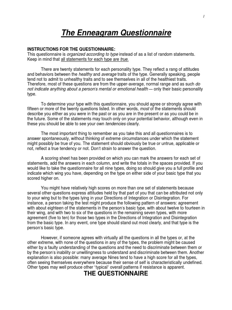 The Enneagram Questionnaire | PDF | Personality Type | Metaphysics Of Mind