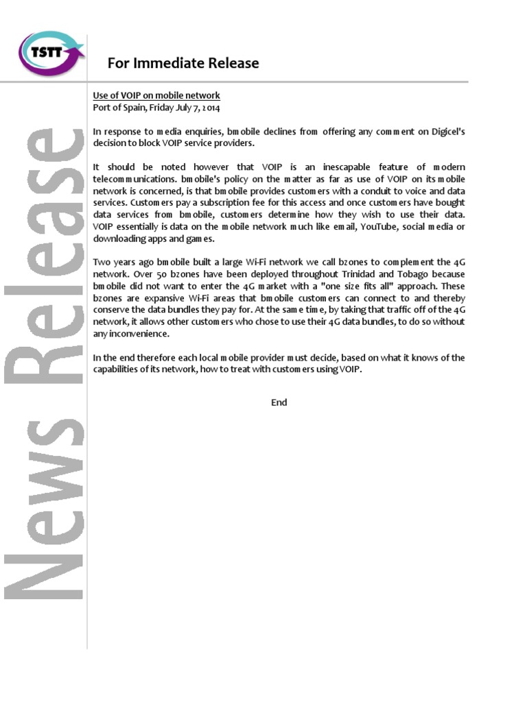TSTT/Bmobile On Use of VOIP On Mobile Network | PDF | Voice Over Ip ...