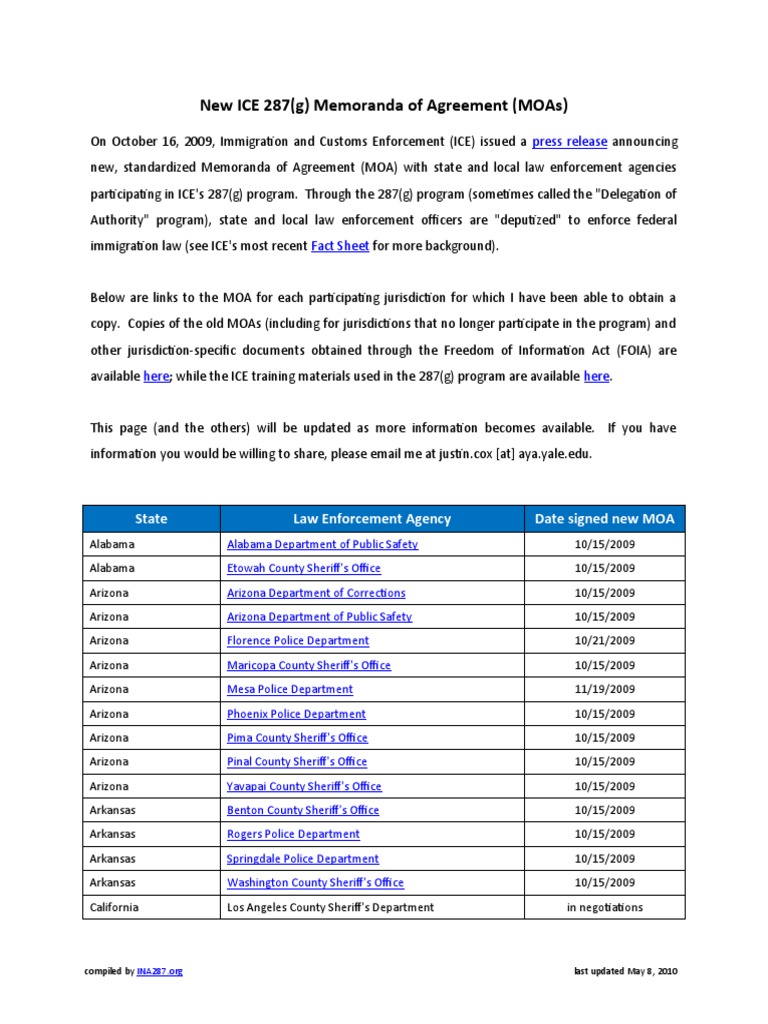 New ICE 287 (G) MOAs (Updated 5/8/10) | PDF | Sheriffs In The United ...