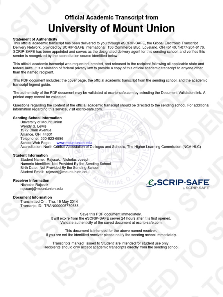 Mount Union Transcript | PDF | Bachelor Of Arts | Undergraduate Education