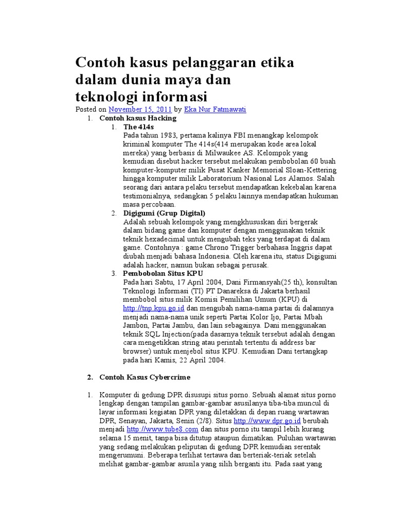 Contoh Kasus Pelanggaran Etika Dalam Dunia Maya Dan Teknologi | PDF ...