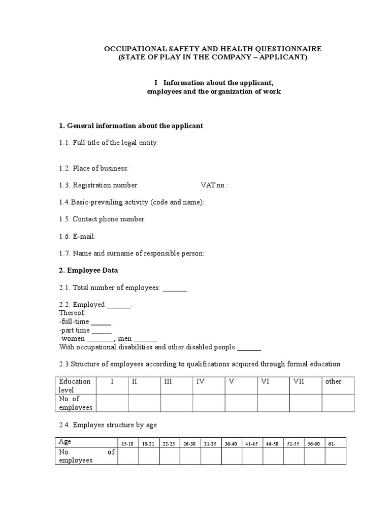 Occupational Safety and Health Questionnaire (State of Play in The ...