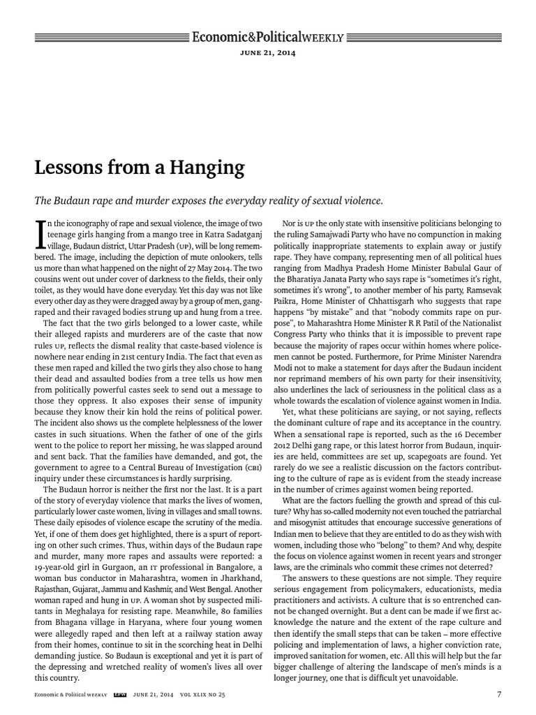 Lessons From A Hanging | PDF | Rape | Violence Against Women