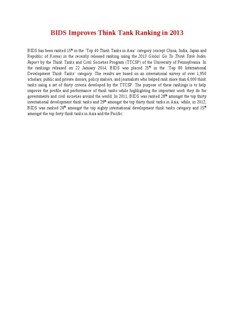 BIDS Achieves 15th in Asia Think Tank Ranking | PDF | Career & Growth