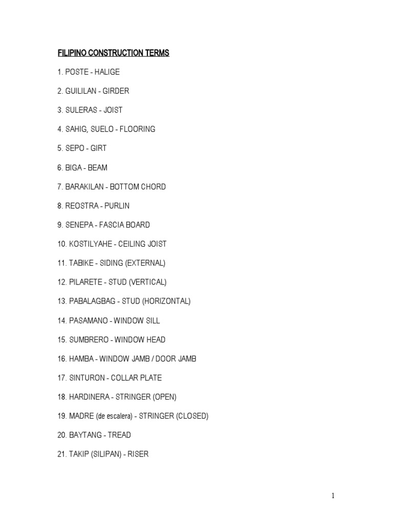 Filipino Construction Terms | PDF | Framing (Construction) | Structural ...