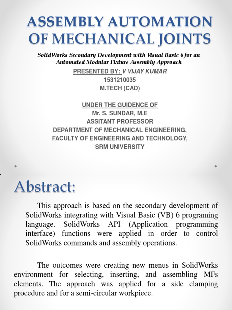 Assembly Automation of Mechanical Joints Using Solidworks and vb6 | PDF ...