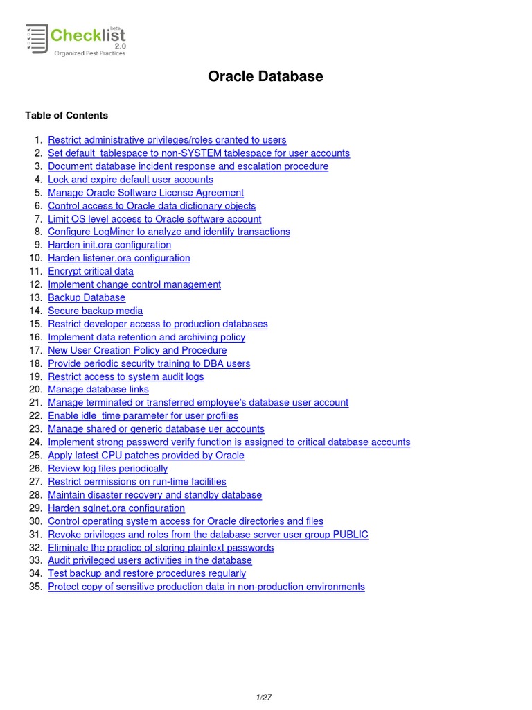 Oracle Database Administration - Checklist Application Report | PDF | Oracle Database ...