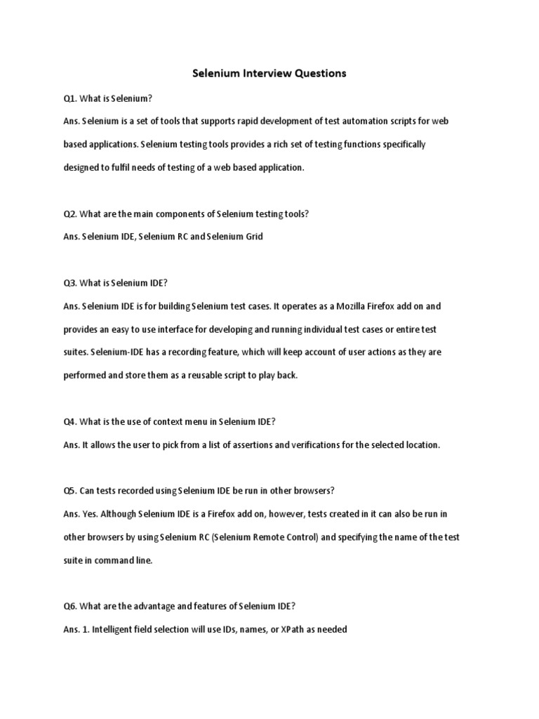 Selenium Interview Questions Pdf Selenium Software Computer Programming