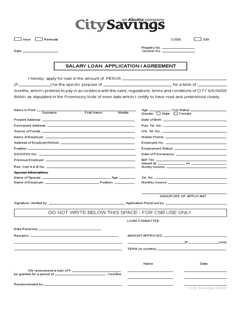 City Savings Bank Salary Loan Application | PDF | Law