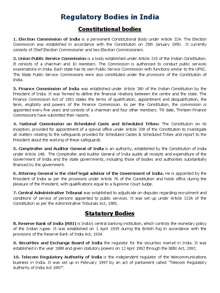 Overview of Regulatory Bodies in India | PDF | Reserve Bank Of India ...