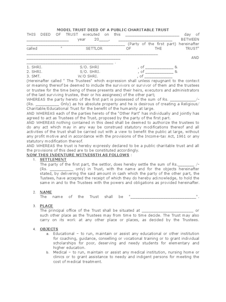 Model Trust Deed of a Public Charitable Trust | Urban | Natural ...