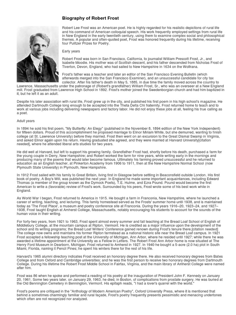 Biography of Robert Frost, Poem and Theme of Poems | PDF | Poetry