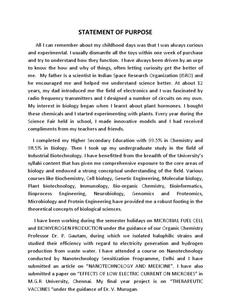 Statement of Purpose | PDF | Biotechnology | Biology