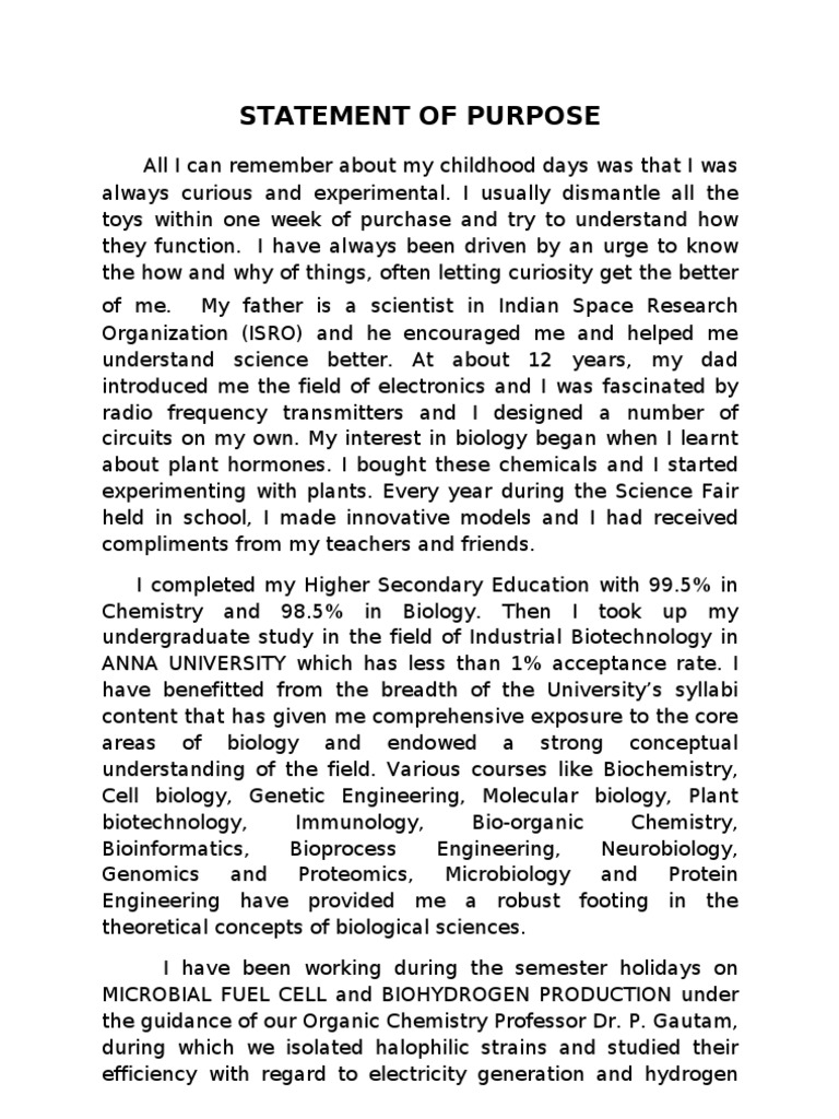 PhD Statement of Purpose in Biology | PDF | Biotechnology | Biology