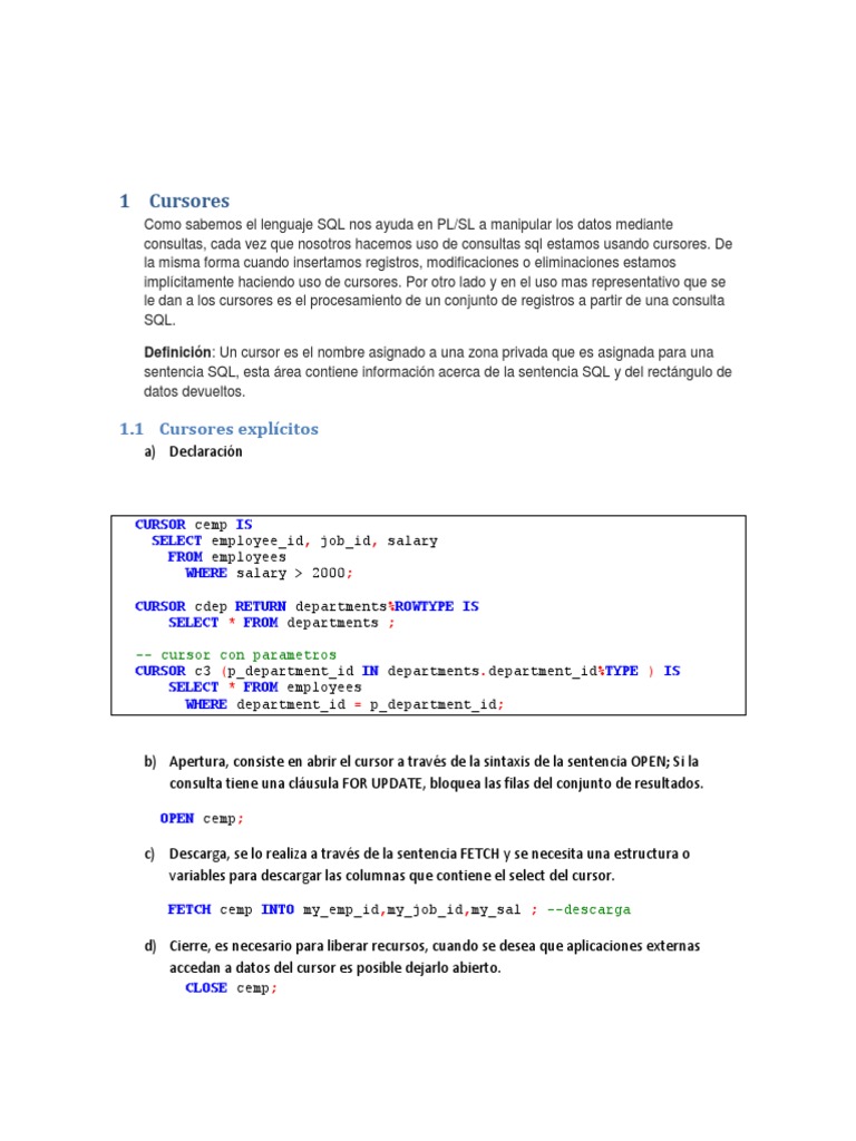 Curso Complementario PL SQL Cursores | PDF | SQL | Recuperación de ... Curso Complementario PL SQL Cursores | PDF | SQL | Recuperación de ...