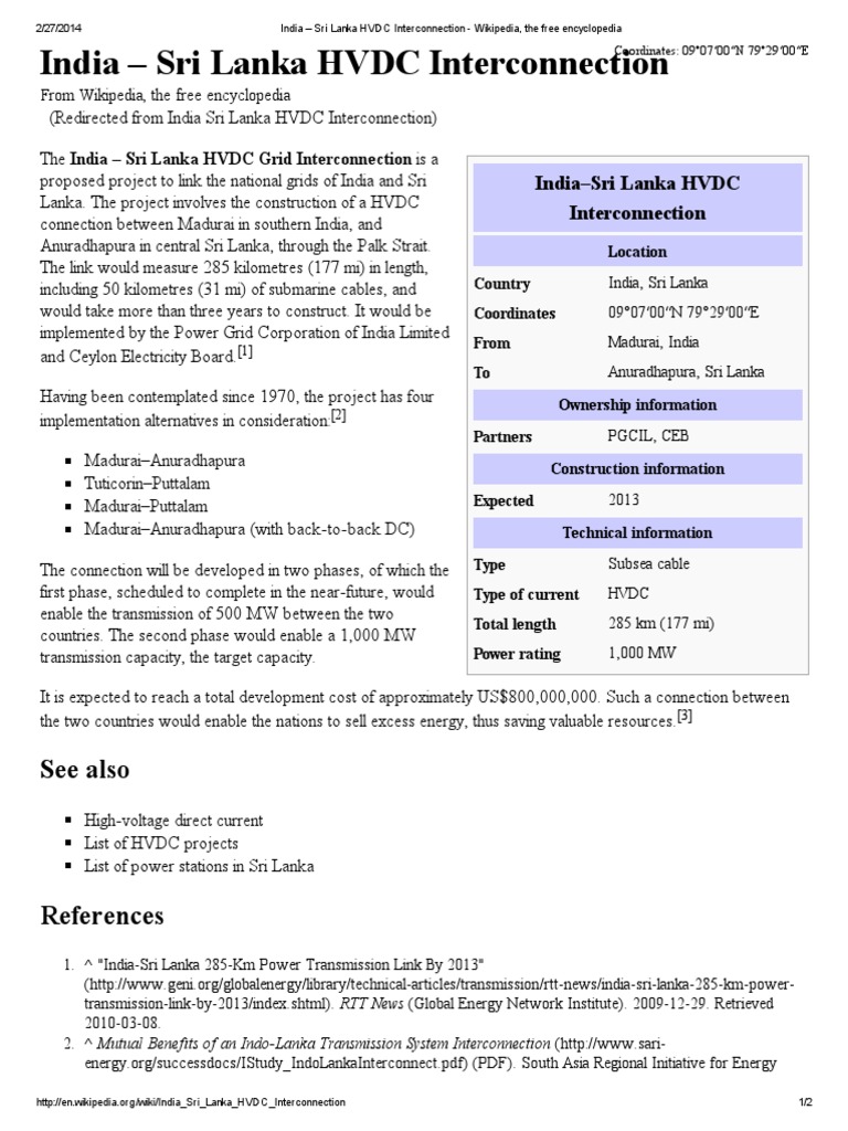 India - Sri Lanka HVDC Interconnection | PDF | High Voltage Direct ...