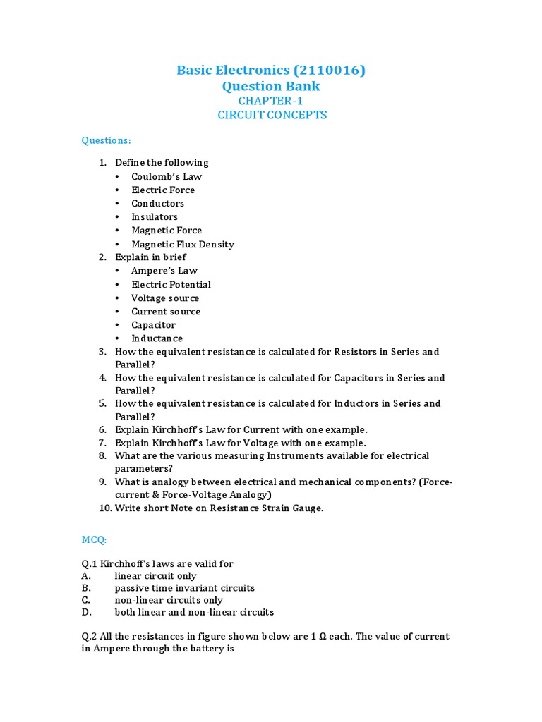 Question Bank - Basic Electronics | PDF | Electrical Network | Electrical Circuits