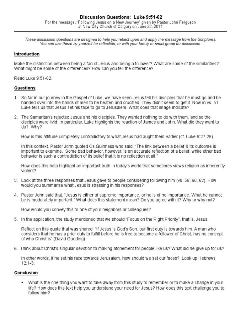 Reflection Questions (Luke 9.51-62) | Gospel Of Luke | Gospel Of John