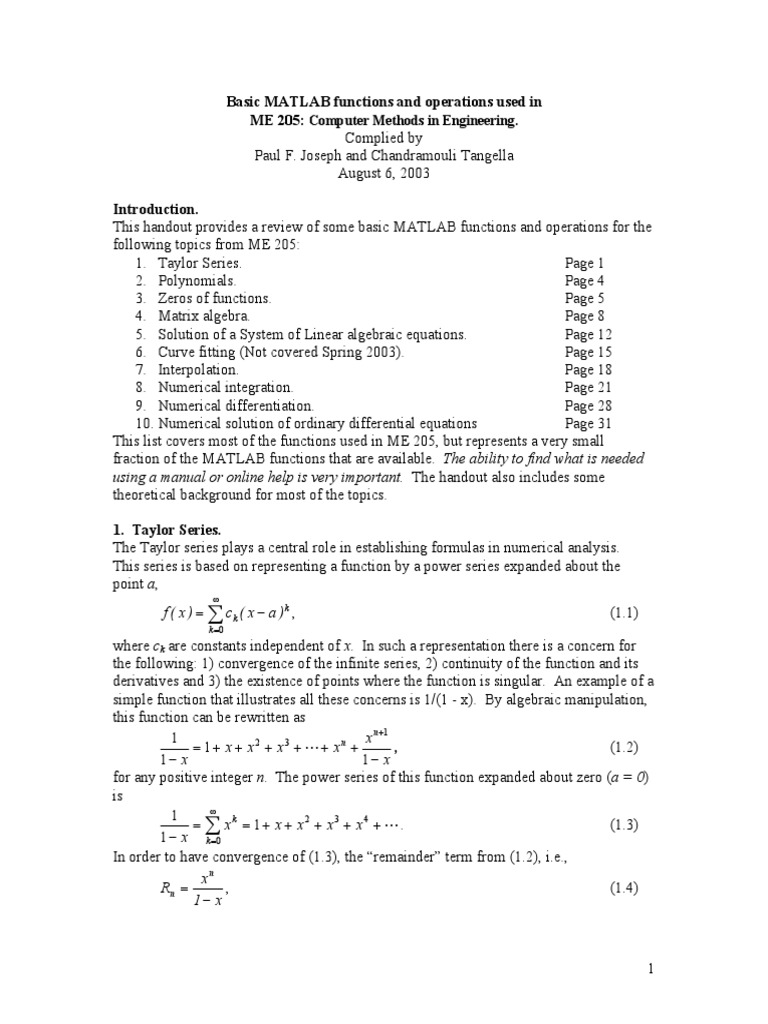 Basic MATLAB Functions and Operations Used in ME 205 | PDF | Matrix (Mathematics) | Interpolation