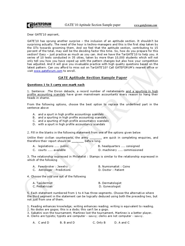 GATE 2010 Aptitude Section (Sample Paper) | PDF | Human Resource ...
