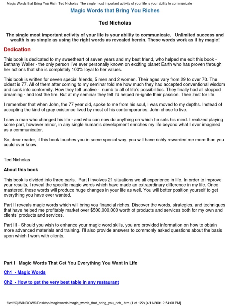 Ted Nicholas Magic Words That Bring You Riches PDF | PDF | Direct ...