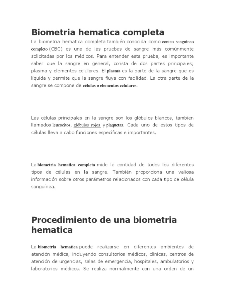 Biometria Hematica Completa | PDF | Sangre | Leucocito