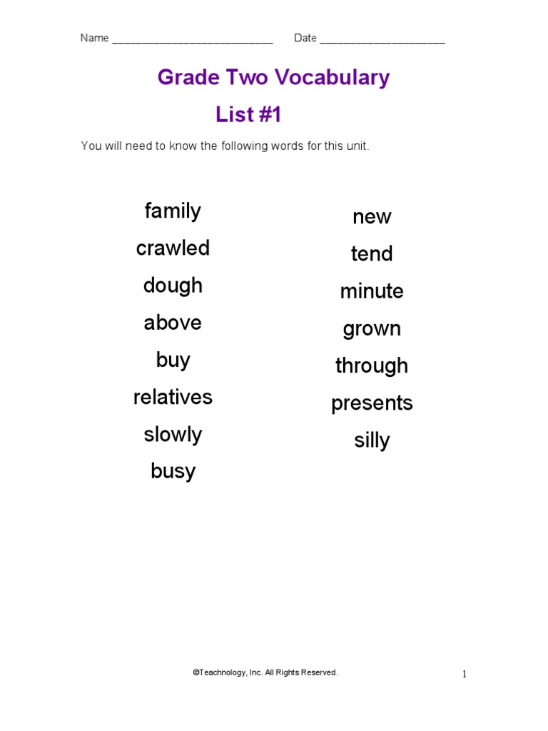 Grade Two Vocabulary List #1 | PDF | Vocabulary | Sun