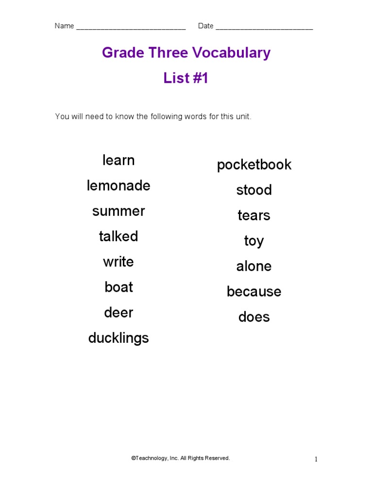 Grade Three Vocabulary List #1 | PDF | Vocabulary | String Instruments