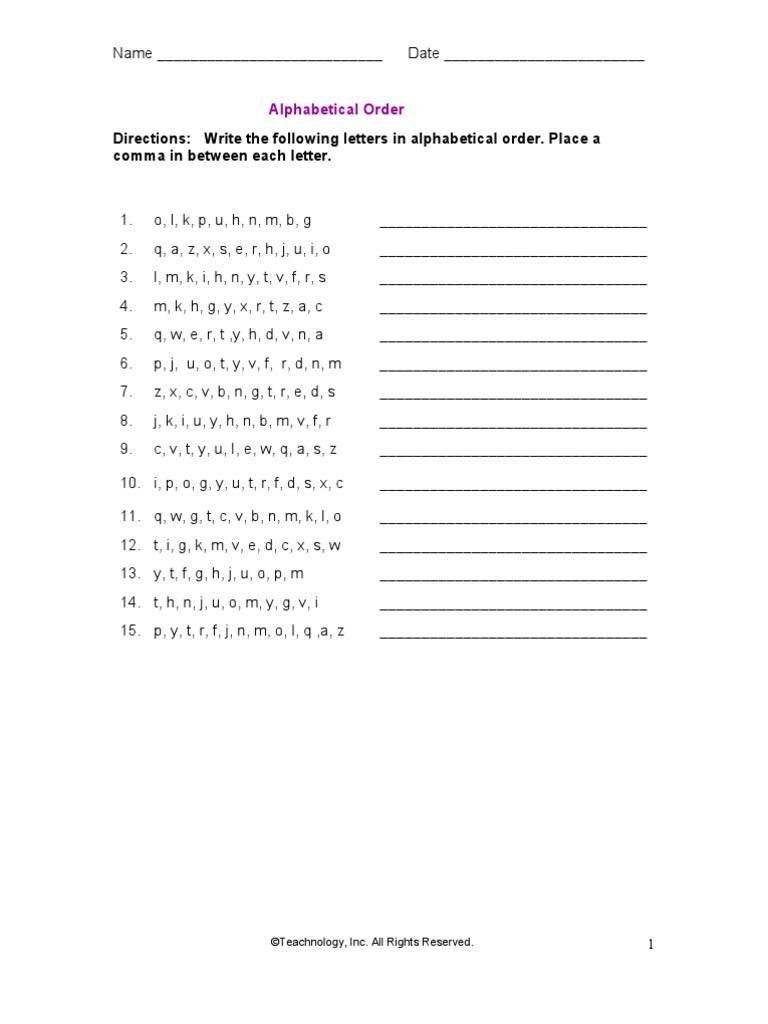 Directions: Write The Following Letters in Alphabetical Order. Place A ...