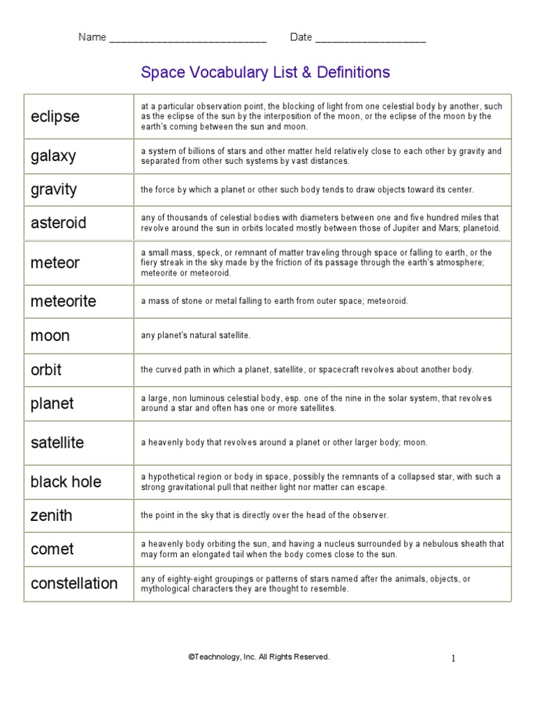 Space Vocabulary List & Definitions | PDF | Meteoroid | Planets