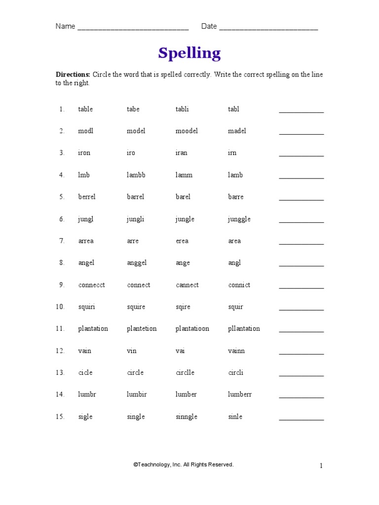 Spelling: Directions: Circle The Word That Is Spelled Correctly. Write ...