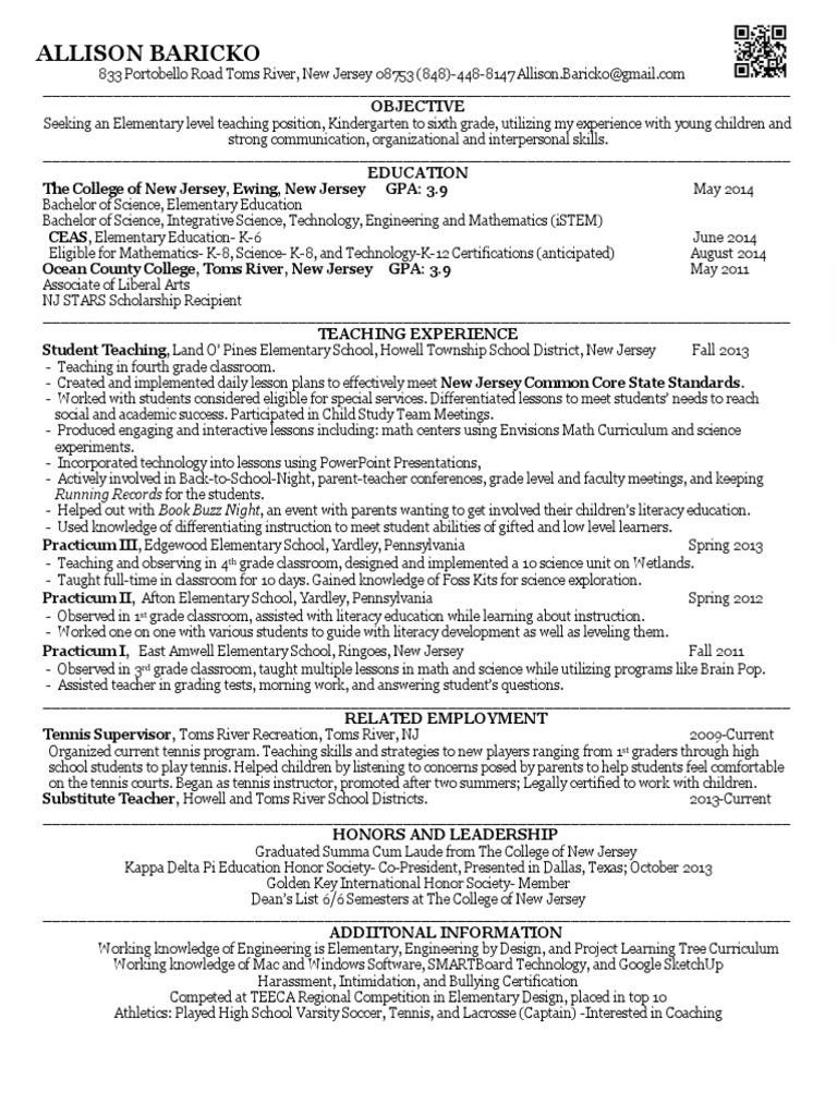 Allison Baricko Resume | PDF | Primary Education | Teachers