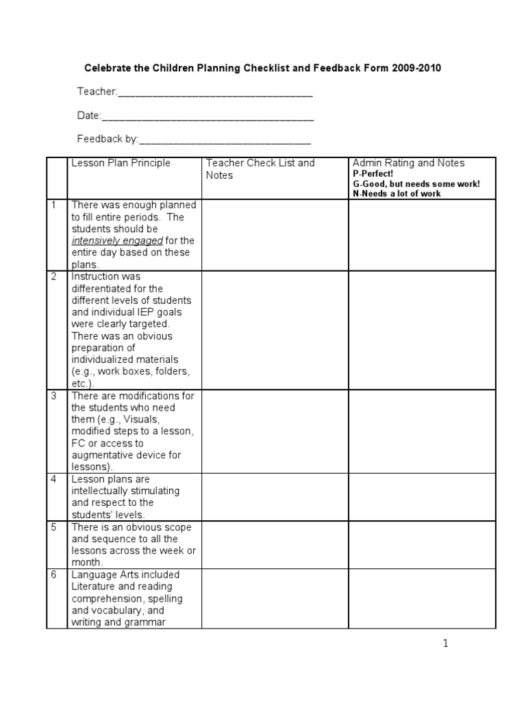 CTC Lesson Plan Checklist Feedback Form | PDF | Lesson Plan ...
