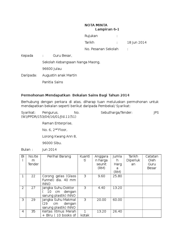 NOTA MINTA Panitia Sains Lampiran 6-1 | PDF